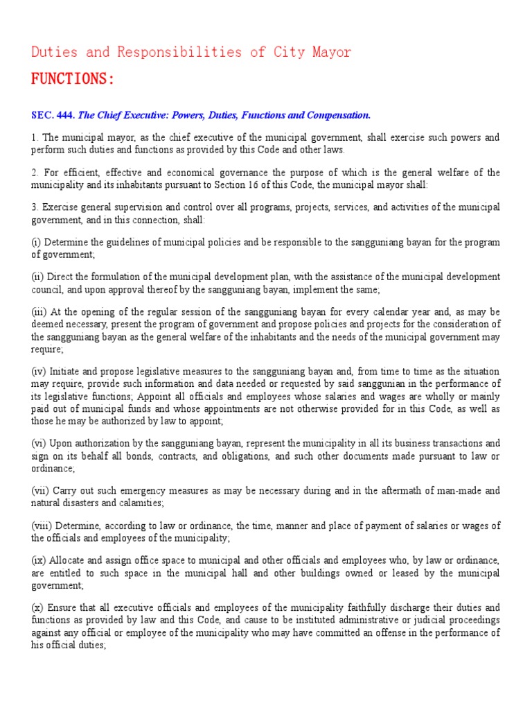 Duties and Responsibilities of City Mayor Functions | PDF | Local ...