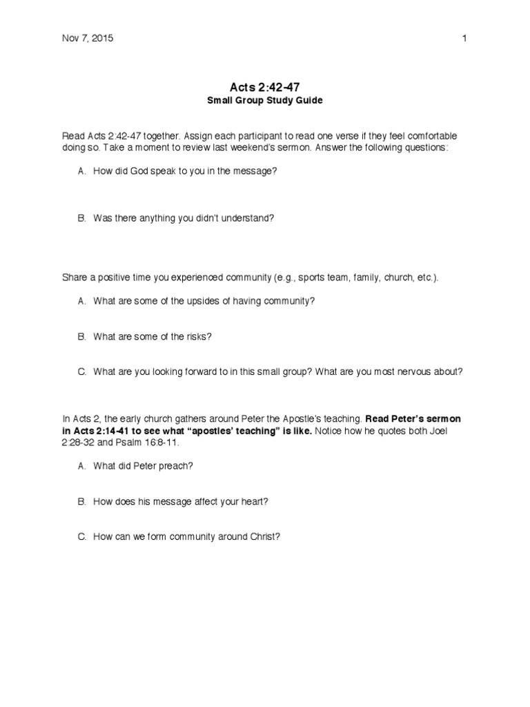 Acts 2:42-47: Small Group Study Guide | PDF | Acts Of The Apostles ...