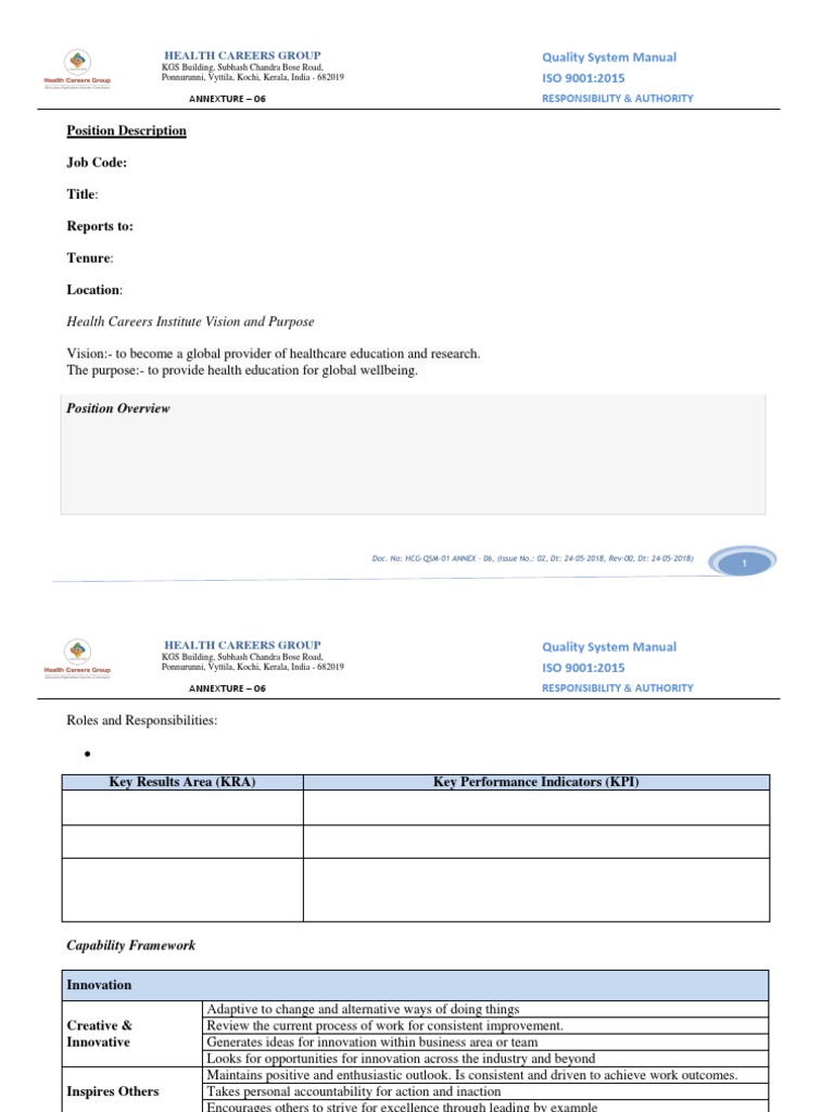 Position Description Job Code: Title: Reports To: Tenure: Location ...