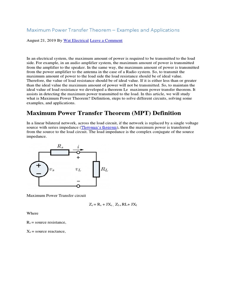 Maximum Power Transfer Theorem | PDF | Electrical Impedance | Electronic Circuits