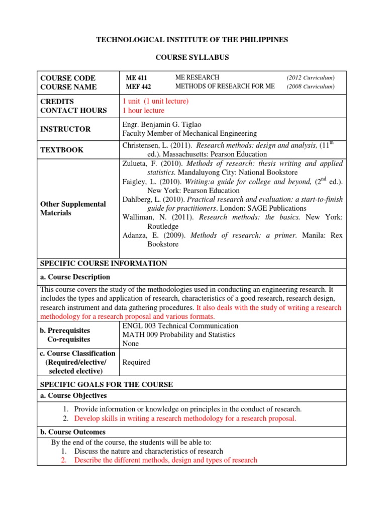 ME Research Methods Course Syllabus | PDF | Research Design | Engineering