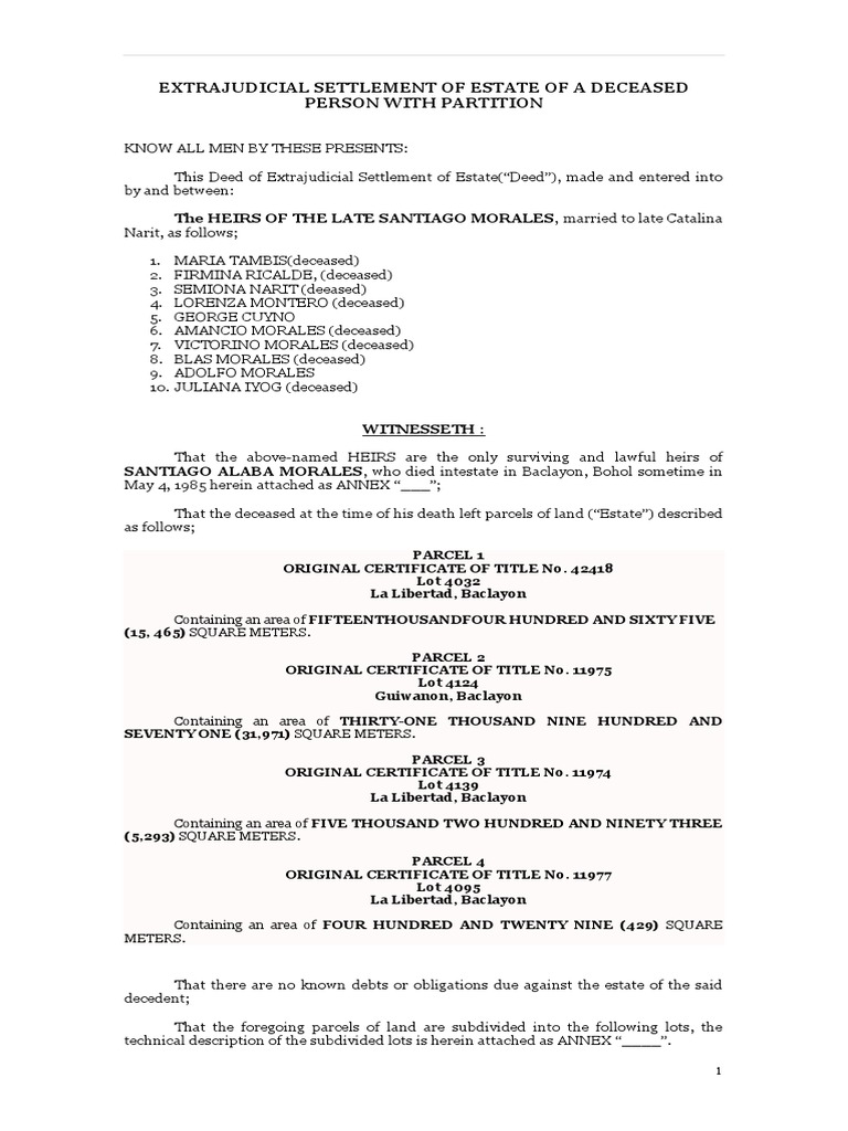 Extrajudicial Settlement of Estate of A Deceased Person With Partition ...