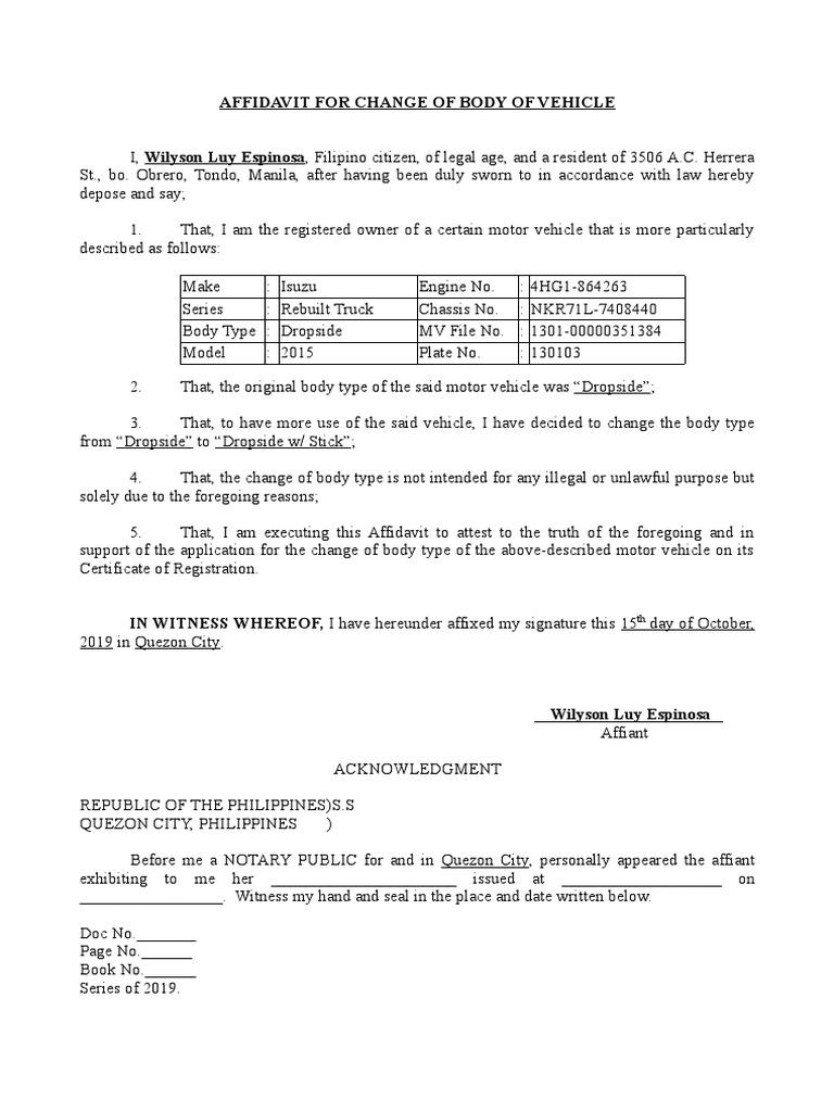 Affidavit of Change of Body Type Dropside With Stick | PDF