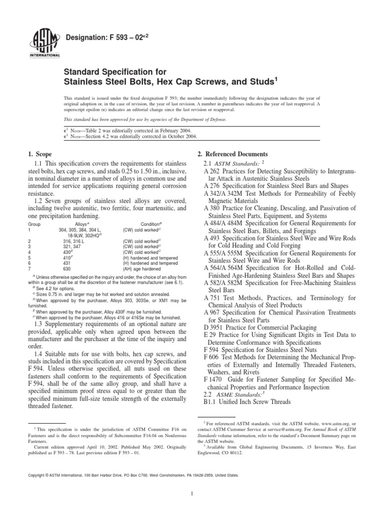 Astm F593 | PDF | Screw | Stainless Steel