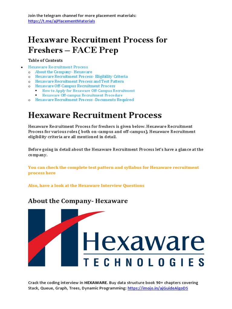 Hexaware Recruitment Process For Freshers - FACE Prep | PDF | Area | C ...