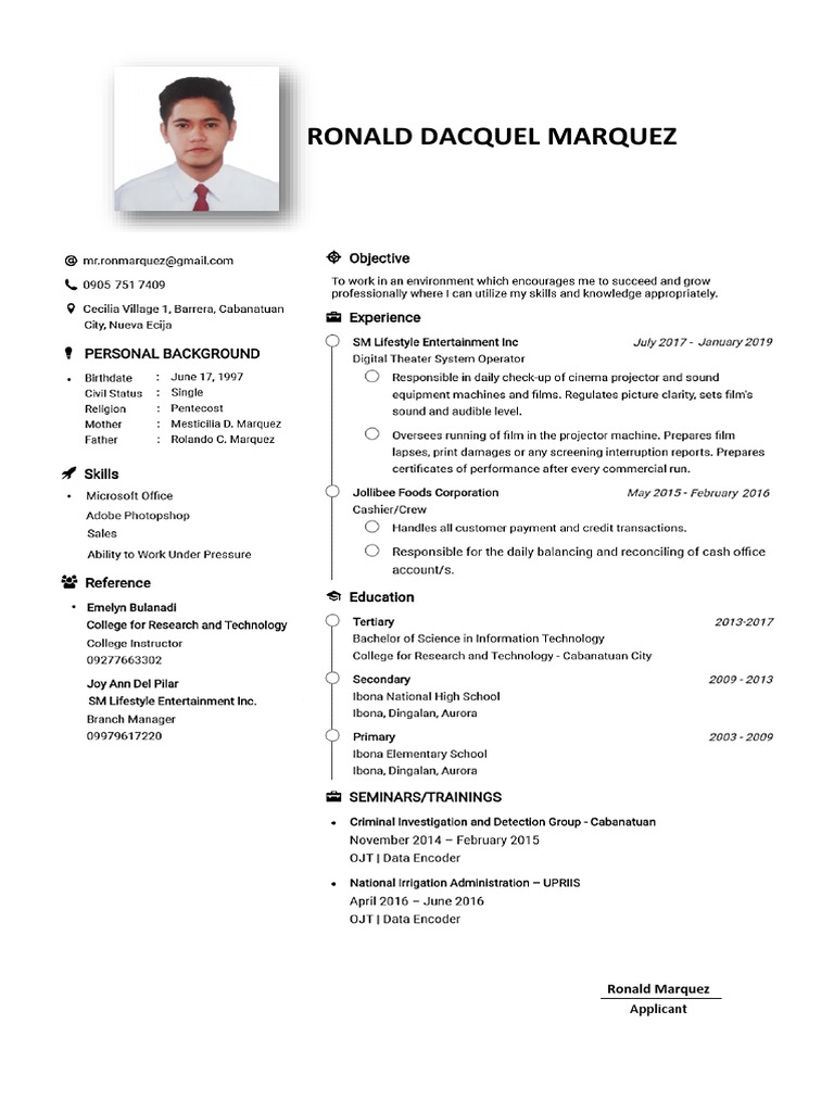 Ronald Daquel Marquez - Applicant Profile | PDF