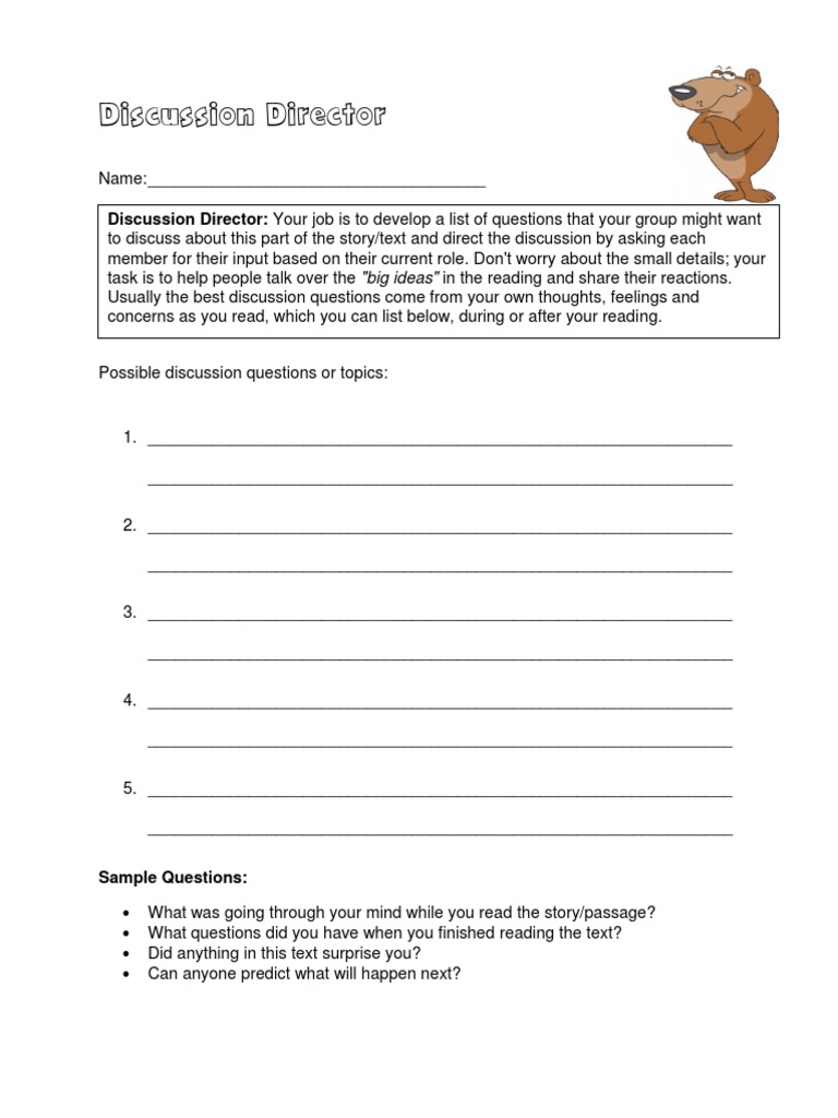 Discussion Director: Discussion Director: Your Job Is To Develop A List ...