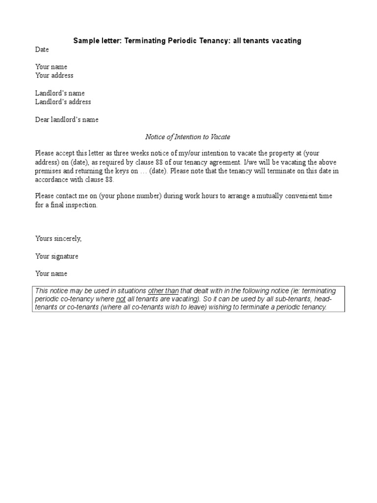 Sample Letter Terminating Periodic Tenancy All Tenants Vacating | PDF