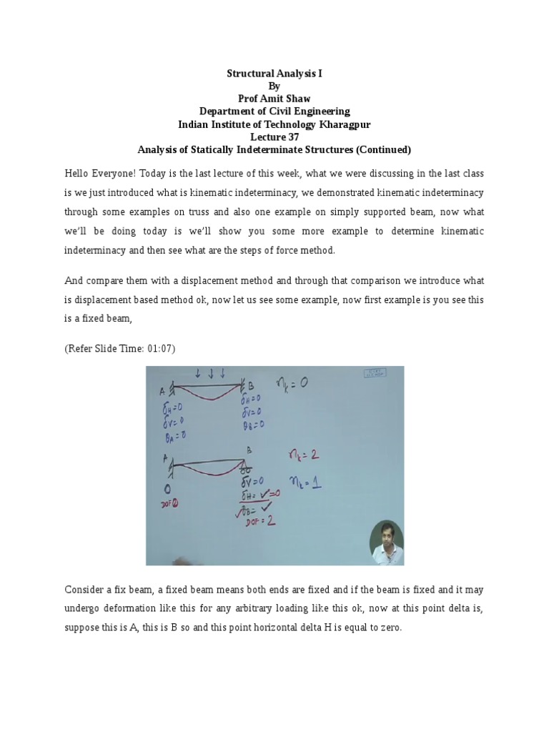 Lecture 37 - Analysis of Statically Indeterminate Structures (Contd.) PDF | PDF | Force | Stiffness