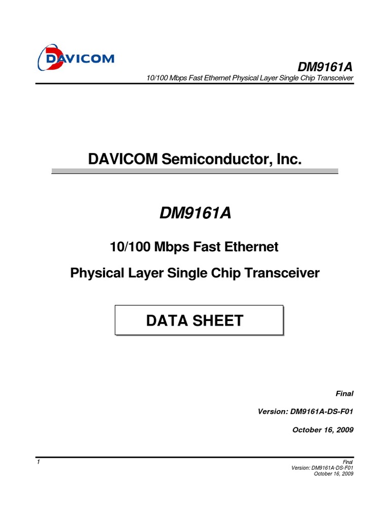 Davicom PHY - DM9161A-DS-F01 - 101609 | PDF | Ethernet | Data Transmission