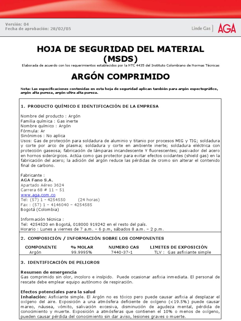 Msds Argon | PDF | Argón | Oxígeno