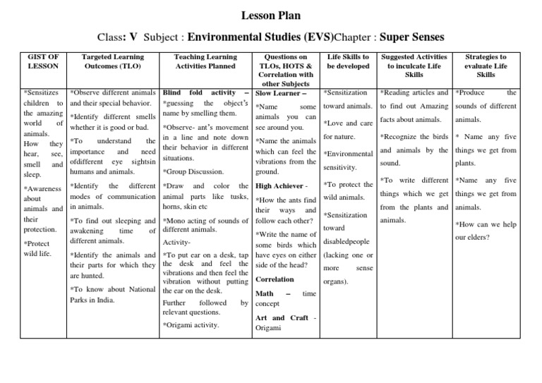 Class 5 EVS-L-1, Lesson Plan | PDF | Senses | Lesson Plan