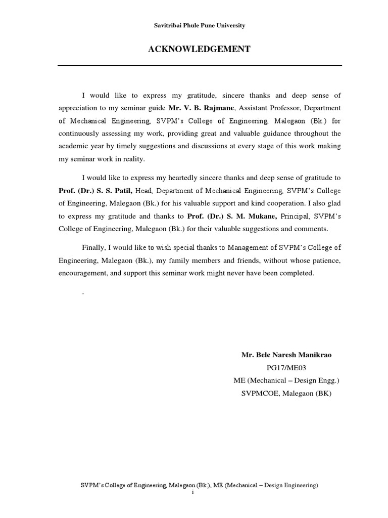 Acknowledgement: Prof. (DR.) S. S. Patil, Head, Department of ...