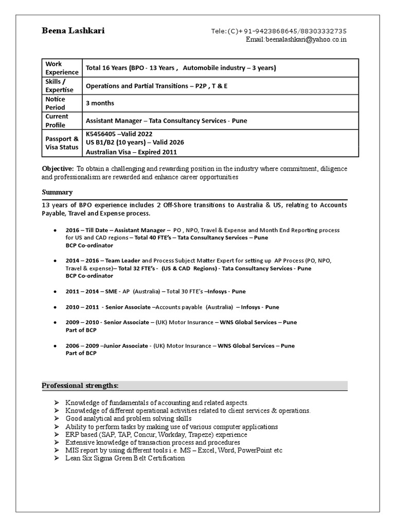 Beena Resume | PDF | Accounts Payable | Invoice