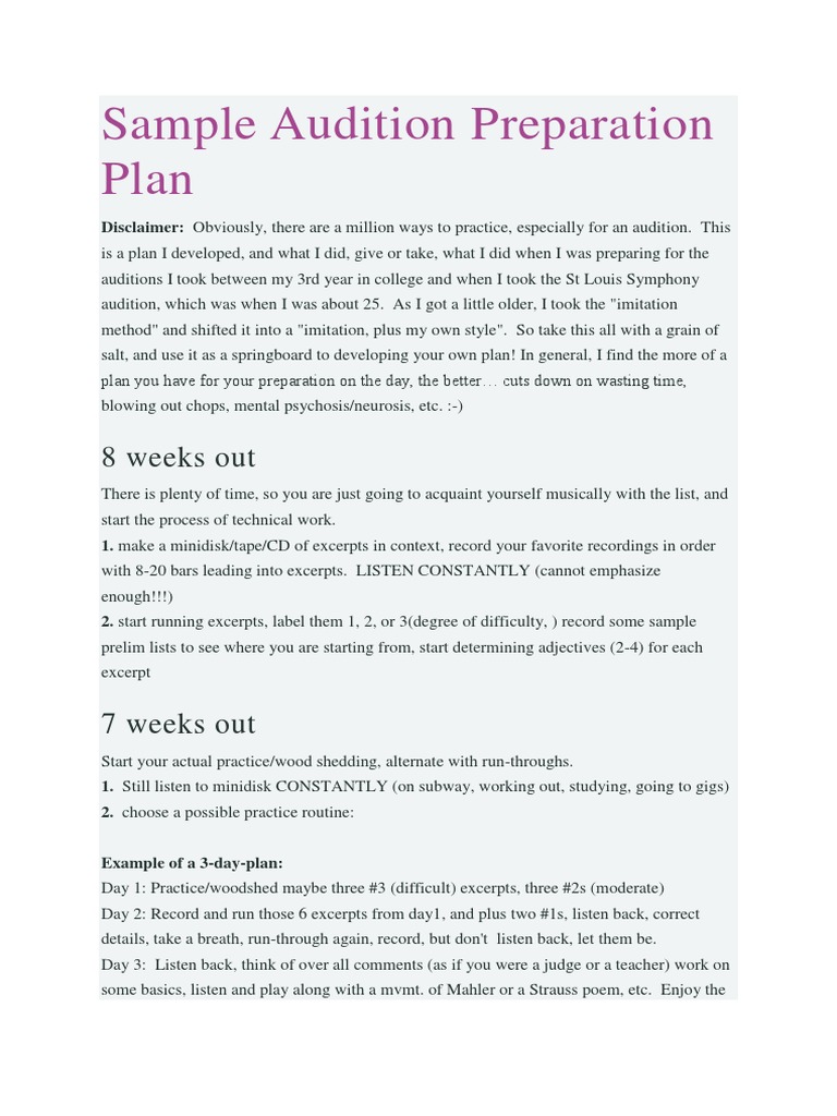Sample Audition Preparation Plan | PDF | Entertainment (General)
