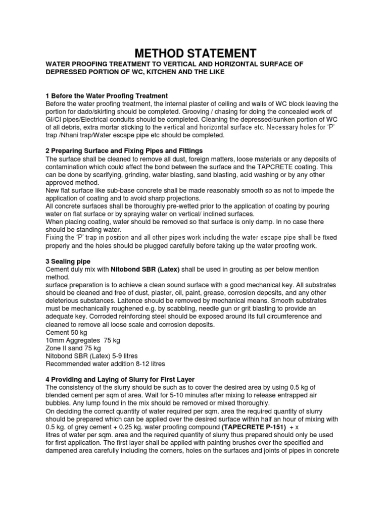 Method Statement of Waterproofing (Wet Area & Brick Bat Coba) | PDF ...
