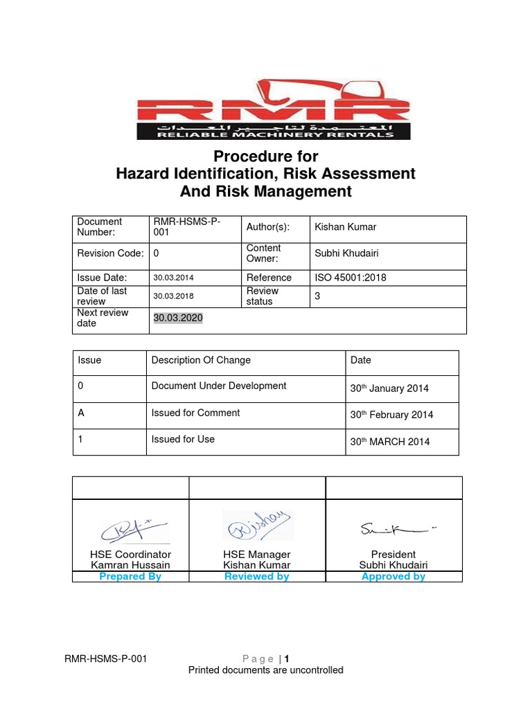 Procedure For Hazard Identification, Risk Assessment and Risk ...