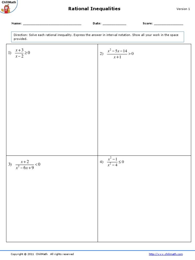 Worksheets Solving Rational Inequalities Version 1 PDF | PDF