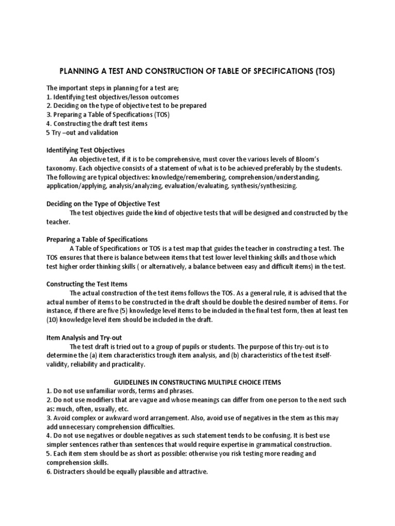 Planning A Test and Construction of Table of Specifications | PDF ...