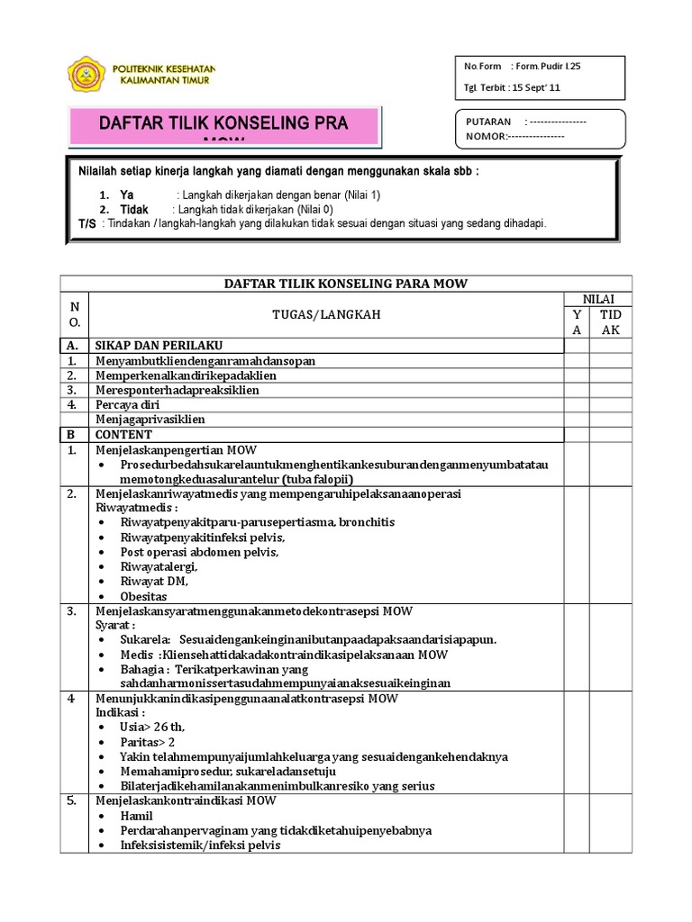Daftar Tilik Kinerja Konselor Kontrasepsi Metode Operasi Wanita (MOW) | PDF