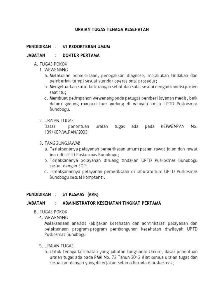 Uraian Tugas Tenaga Kesehatan Akreditasi | PDF