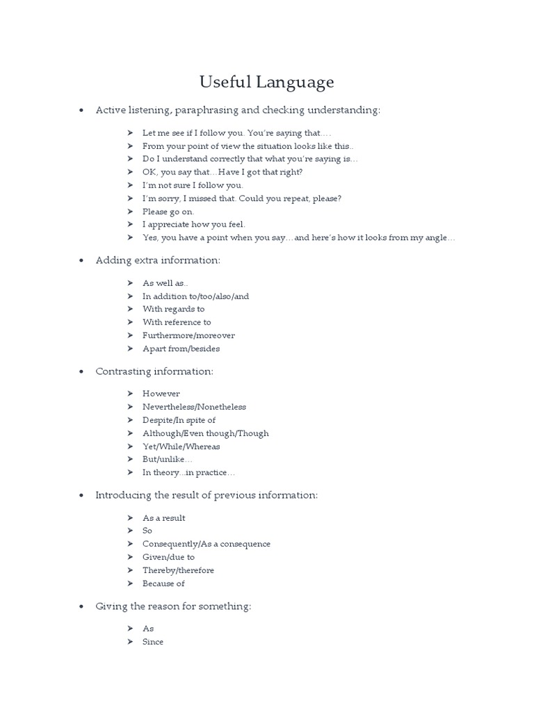 Useful Language: Active Listening, Paraphrasing and Checking ...