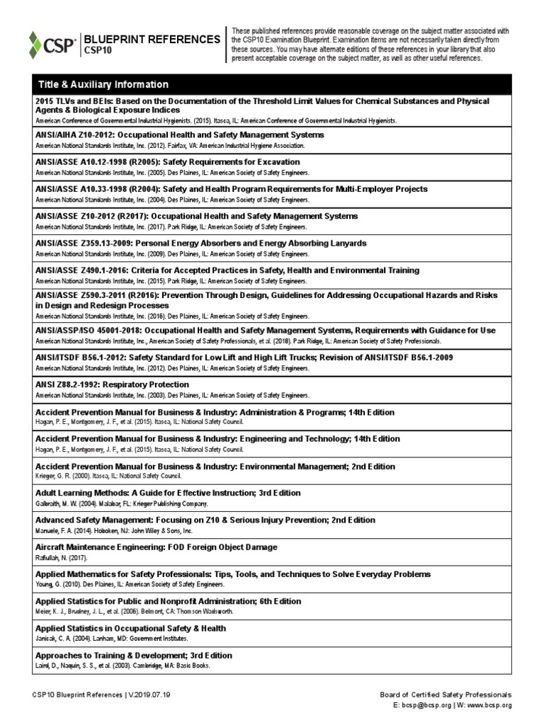 CSP10 Examination Blueprint References | PDF | Occupational Hygiene ...
