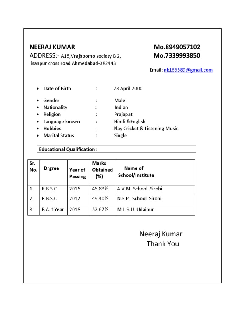 Neeraj Kumar's Resume - Personal and Educational Details of an Indian Citizen Seeking Employment ...