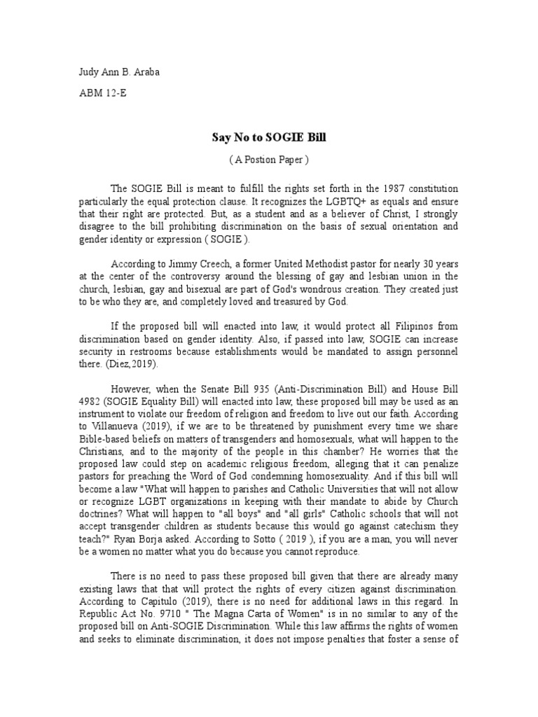 Position Paper (Sogie Bill) | PDF | Discrimination | Freedom Of Religion