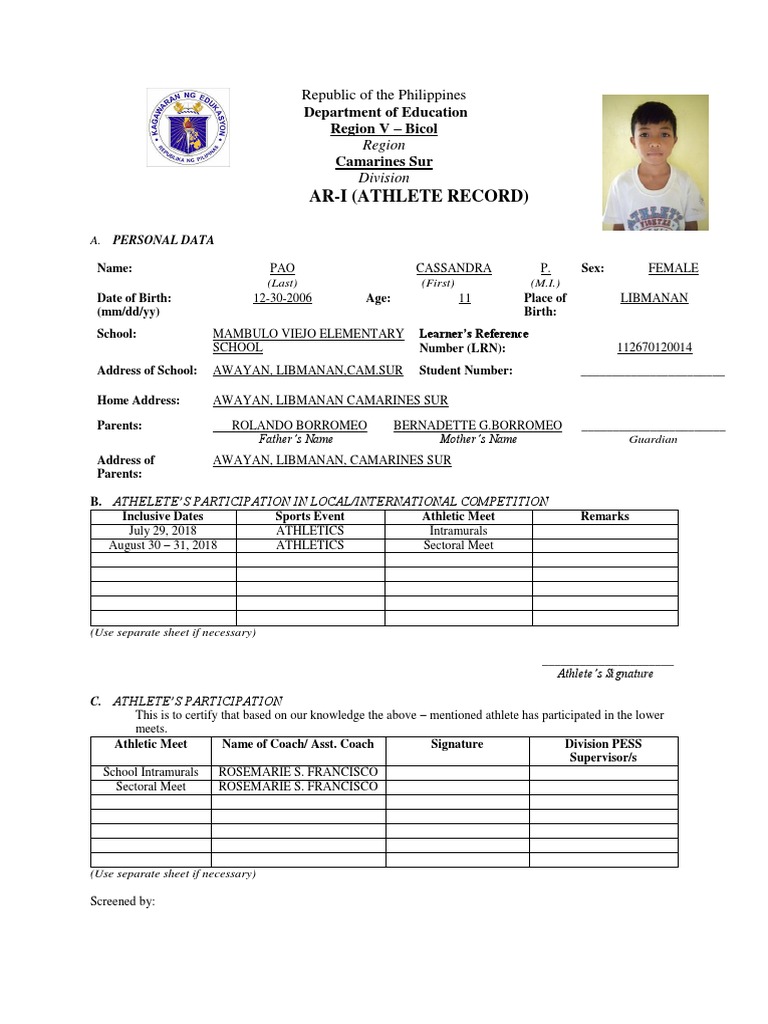 Ar-I (Athlete Record) : Department of Education Region V - Bicol Camarines Sur | PDF | Social ...