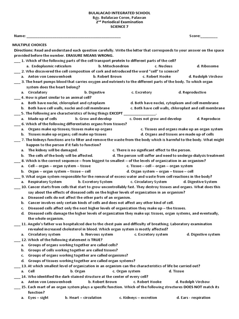 SCIENCE 7 2nd Periodical Test | PDF | Cell Nucleus | Organ (Anatomy)