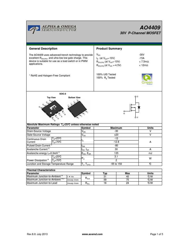 AO4409 Mosfet para Ampli Bluetooth Chino | PDF | Mosfet | Diode