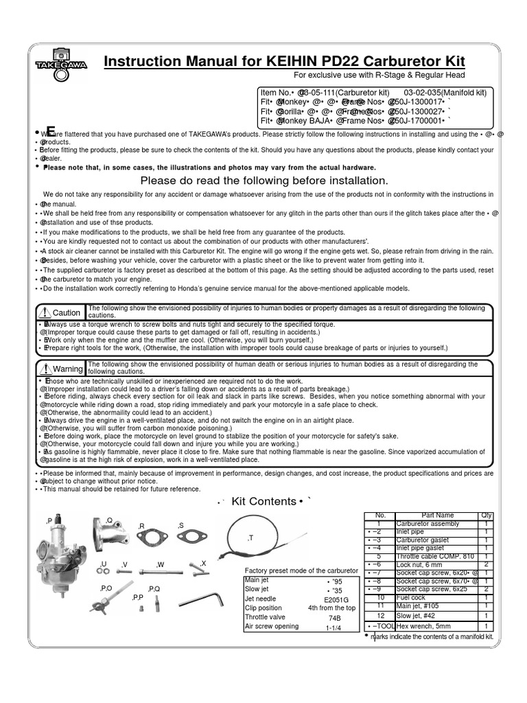 Instruction Manual For KEIHIN PD22 Carburetor Kit: Please Do Read The ...