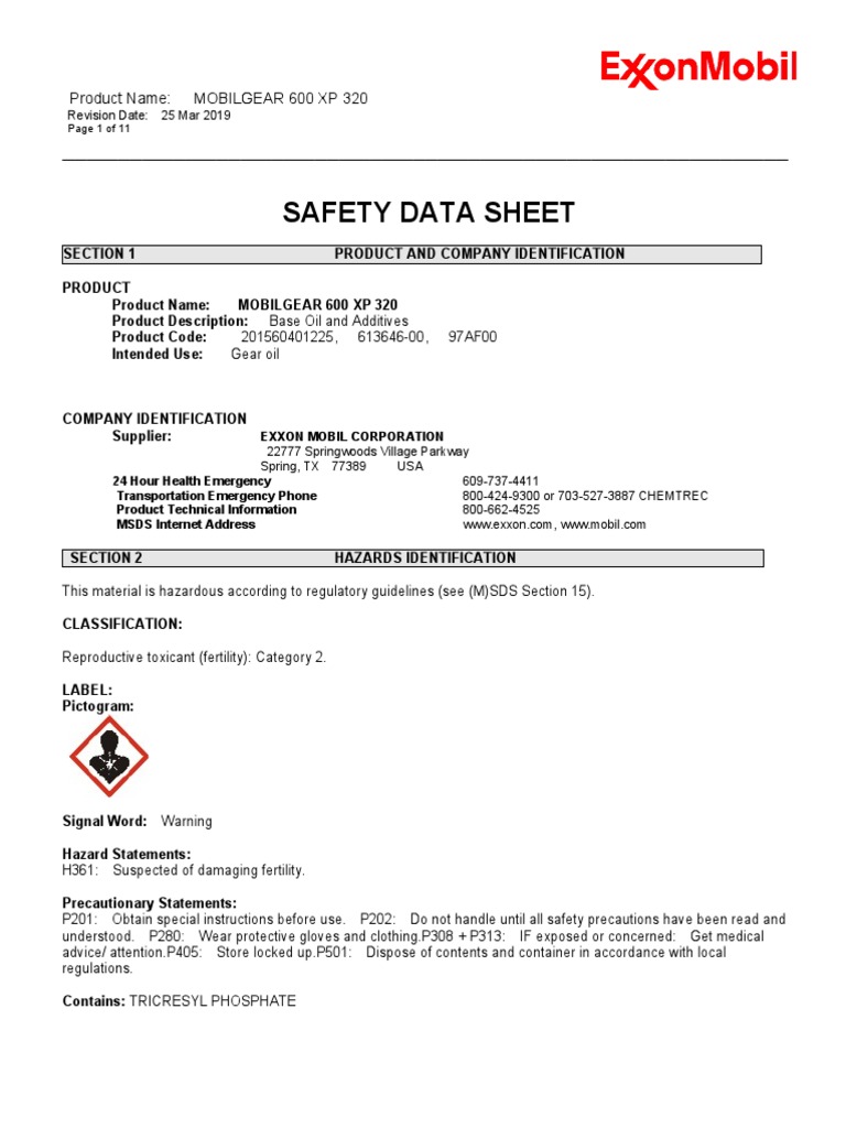 Safety Data Sheet: Product Name: MOBILGEAR 600 XP 320 | PDF ...