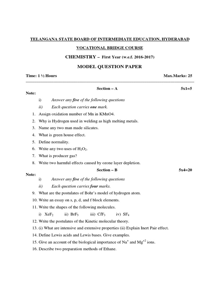Chemistry Model Question Paper: Answer Any Five of The Following ...