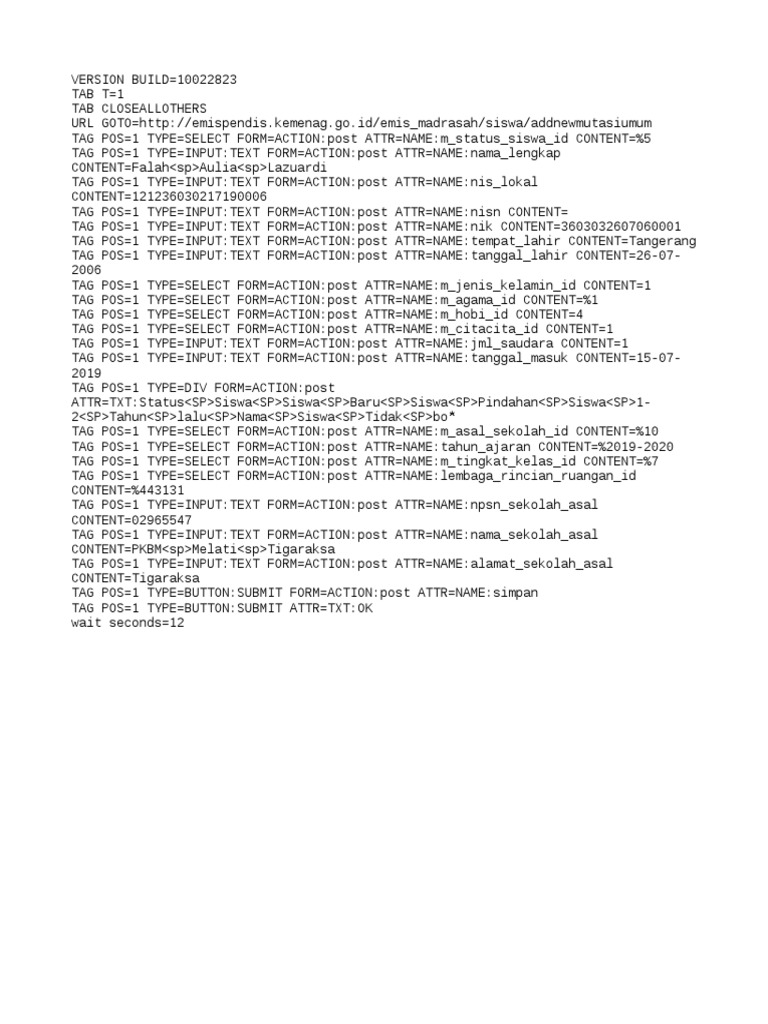 Student Data Entry Form Guide | PDF