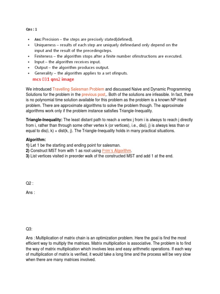 Mcs 031 qns2 Image: Travelling Salesman Problem Previous Post | PDF | Time Complexity | Dynamic ...