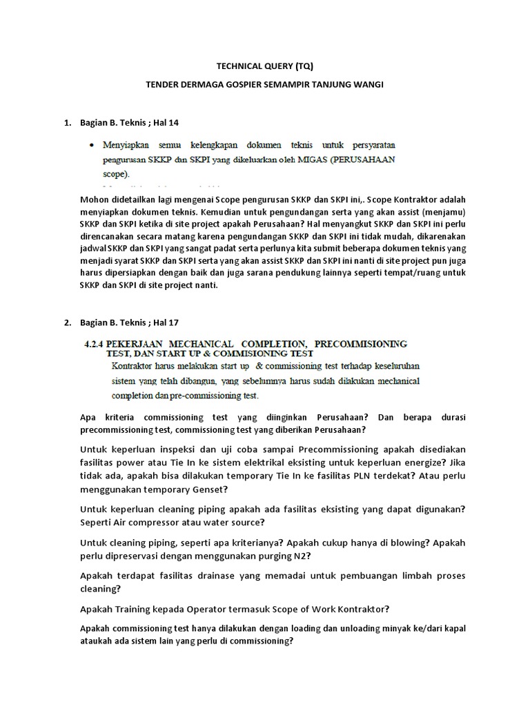 Technical Query (TQ) Tender Dermaga Gospier Semampir Tanjung Wangi | PDF