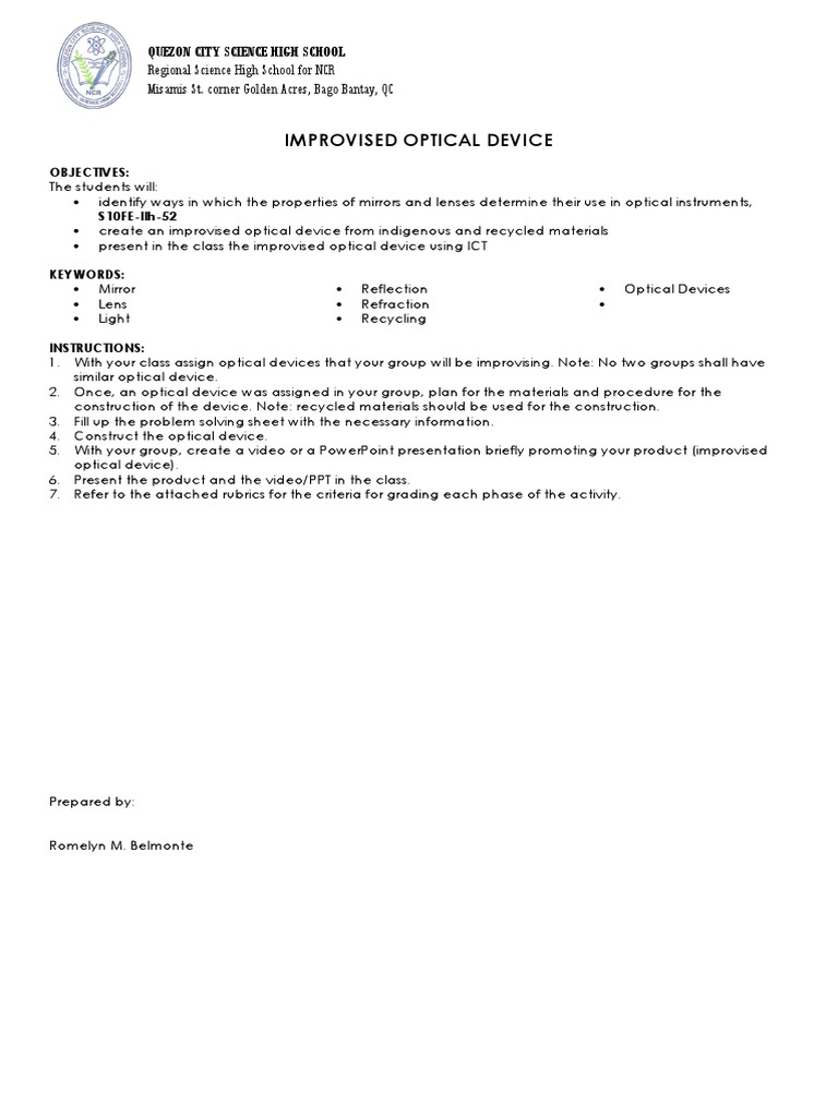 Improvised Optical Device: Regional Science High School For NCR Misamis ...