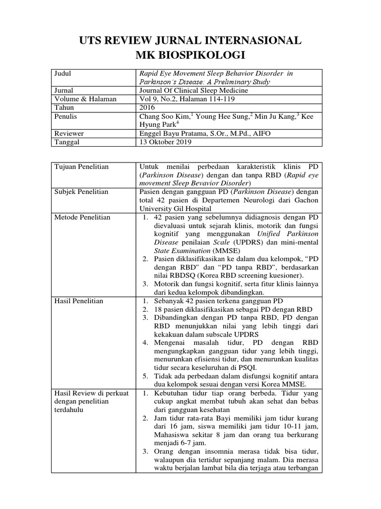 Uts Review Jurnal Internasional MK Biospikologi (Gangguan Tidur) Enggel Bayu Pratama | PDF