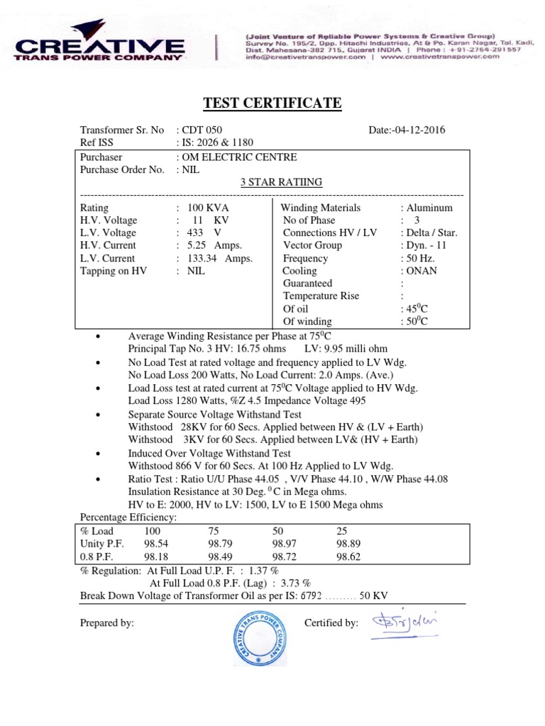 Transformer Test Certificate | PDF | Power Engineering | Transformer