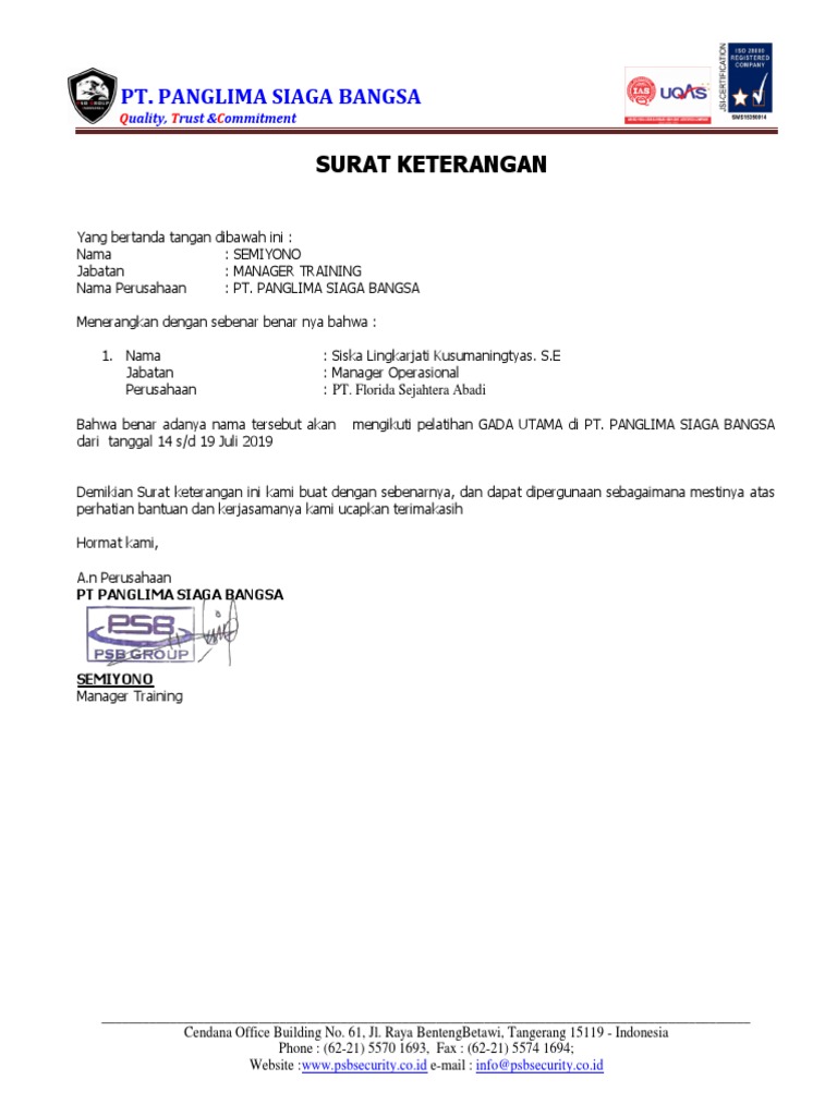 Surat Keterangan Florida Sejahtera Abadi | PDF