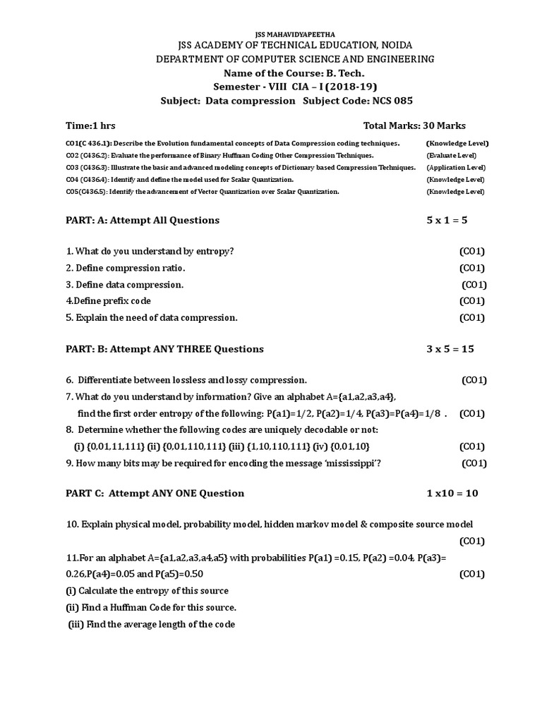 Name Of The Course B Tech Semester Viii Cia I 2018 19 Subject Data Compression Subject
