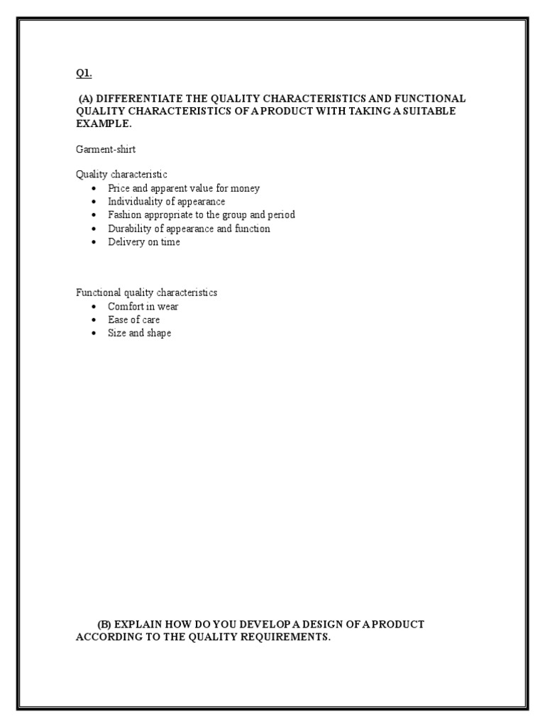 Q1. (A) Differentiate The Quality Characteristics and Functional ...