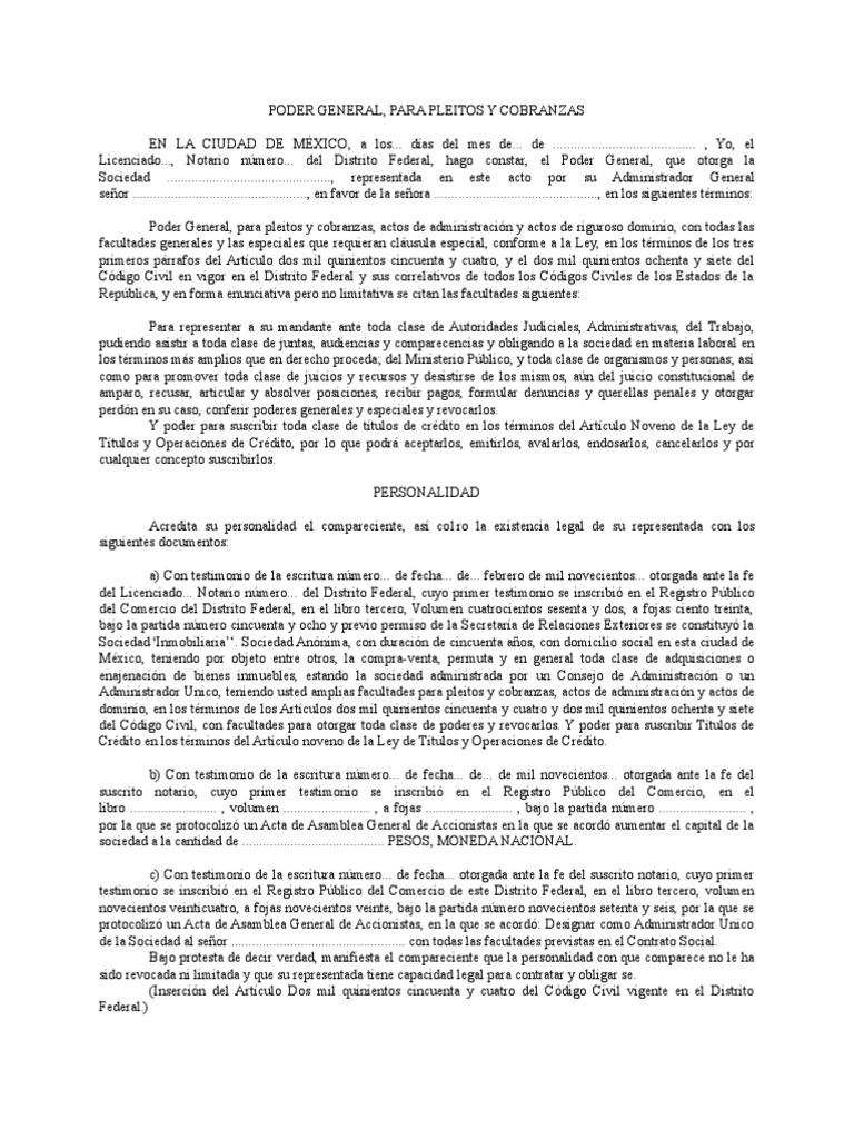 Poder General para Pleitos y Cobranzas 2 | PDF | Información del ...