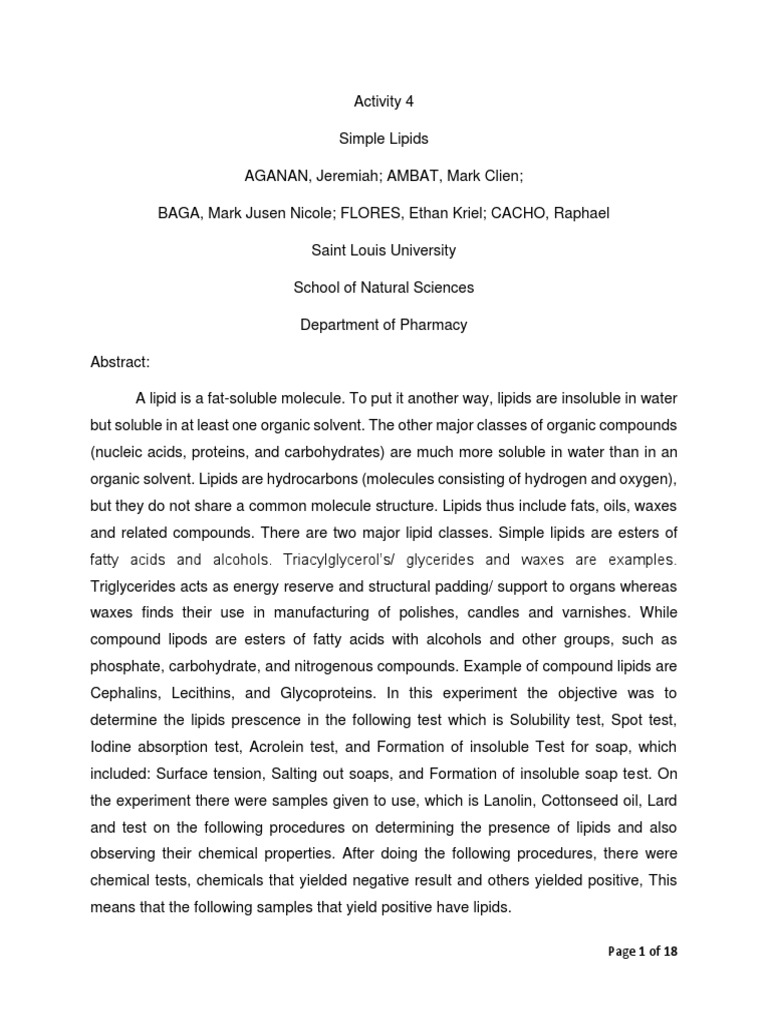 Biochem. Lab. Report | PDF | Lipid | Physical Chemistry
