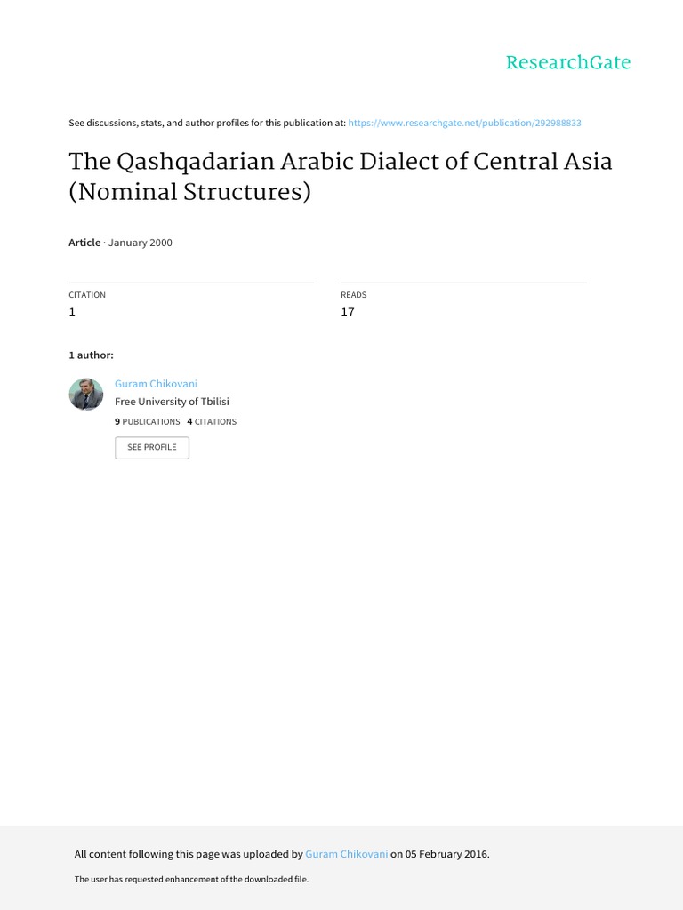 The Qashqadarian Arabic Dialect of Central Asia (Nominal Structures) | PDF