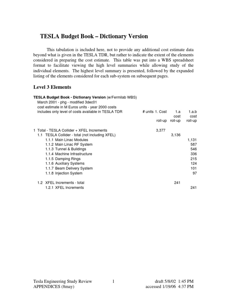 TESLA Budget Book - Dictionary Version: Level 3 Elements | PDF | Tunnel ...