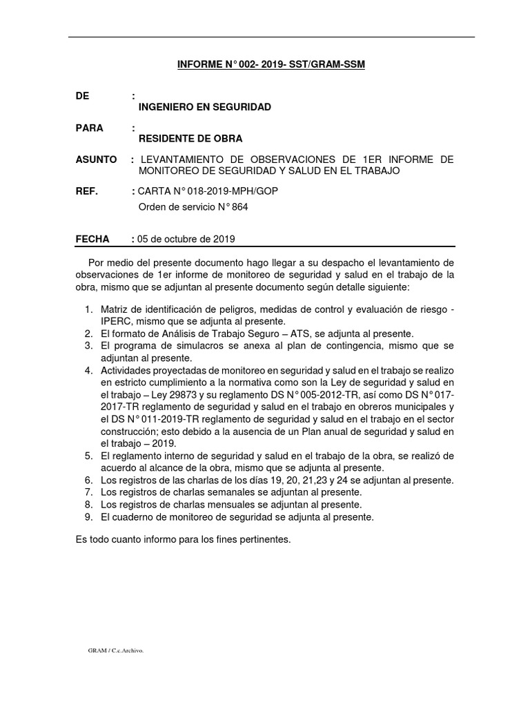 Informe de observaciones de seguridad y salud en obra | PDF