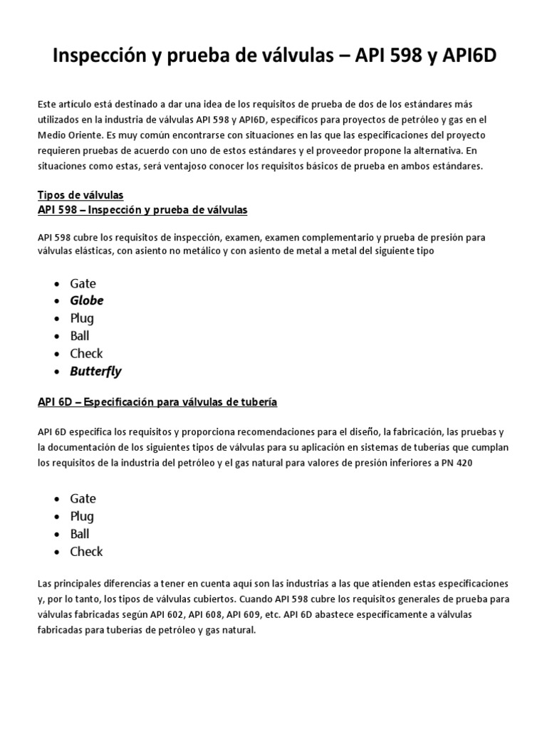 Inspección y Prueba de Valvulas - API 598 Vs API6D PDF | PDF ...